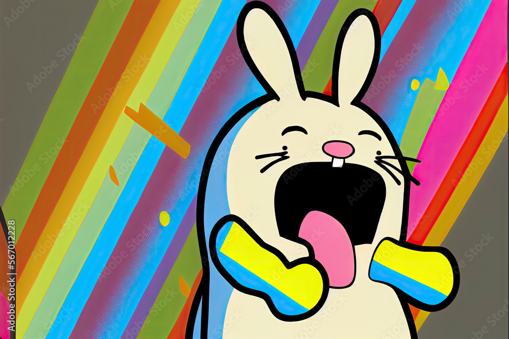 cartoon of a bored rabbit yawning with a rainbow coming out of it's ...