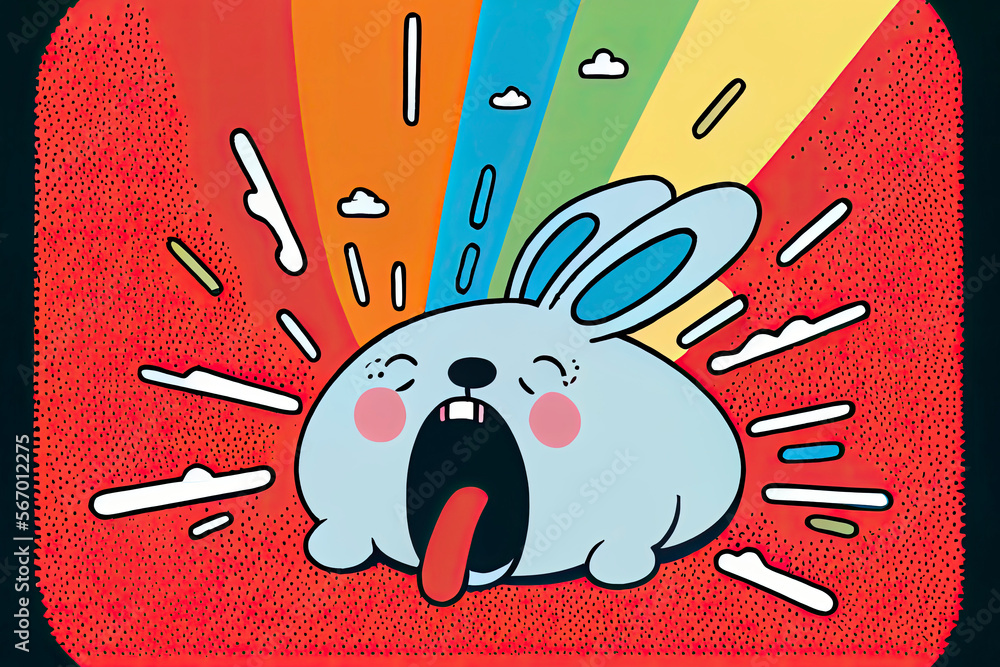 cartoon of a bored rabbit yawning with a rainbow coming out of it's ...