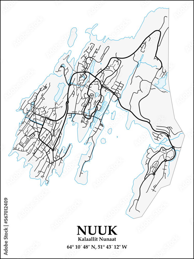 Vector street map of the capital of Greenland, Nuuk Stock Vector ...