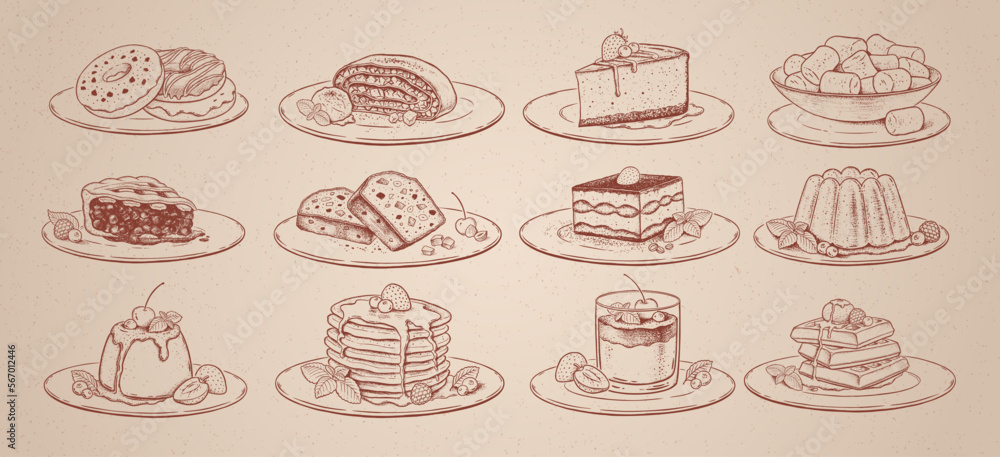 Vector sketchy illustrations set of desserts and sweet food on plates ...