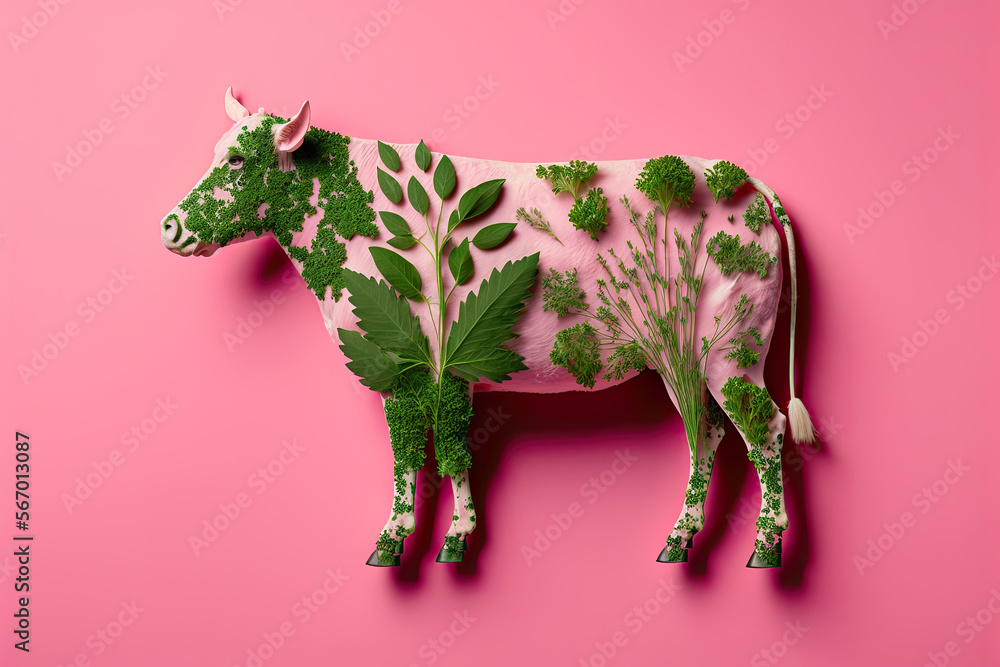 Generative Illustration AI of a cow made of vegetables and parsley on ...