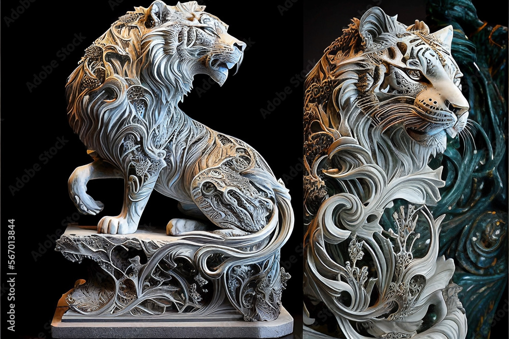 Big cat statue made of marble stone with silver filigree. Generative Ai ...
