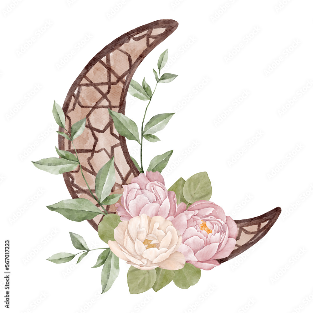 Ramadan Floral Moon. Islamic Moon. Spring flowers. Rose. Peony. Leaves ...