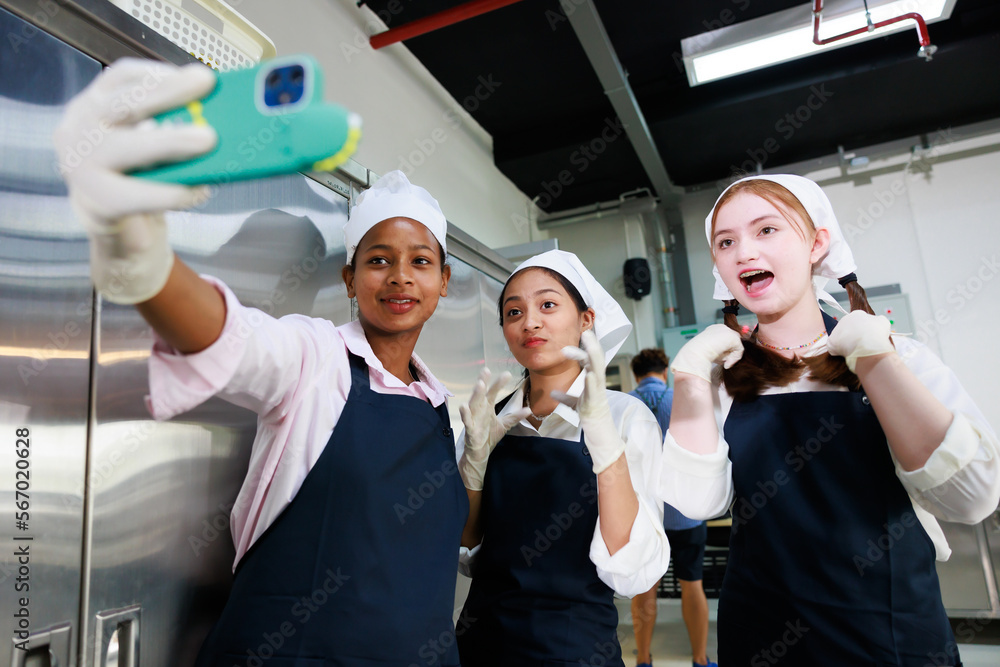 Group portrait young teen girl cook student. Cooking class. culinary ...