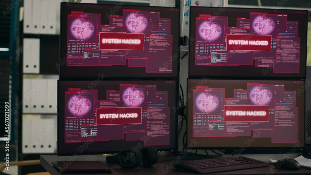 Multiple monitors displaying hacking warning alert after security ... Multiple monitors displaying hacking warning alert after security ...