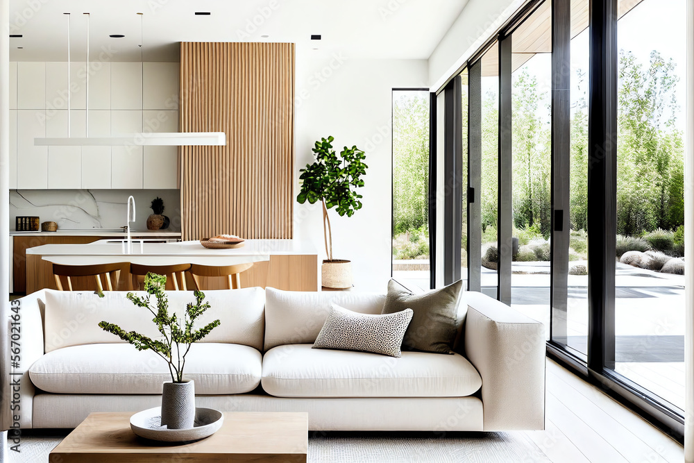 Illustration of modern livingroom with big french windows, created with ...