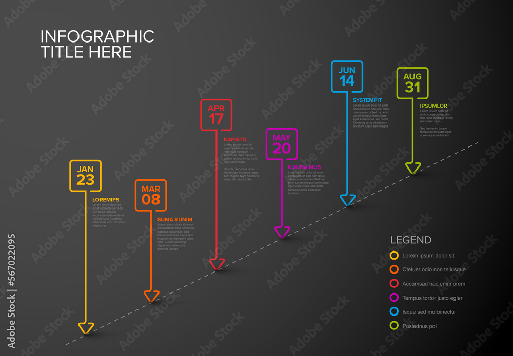 Dark Timeline with six square thin line droplet pointers on a diagonal ...