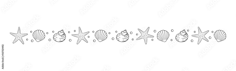 Seashells and starfish border divider outline. Sea and ocean design ...