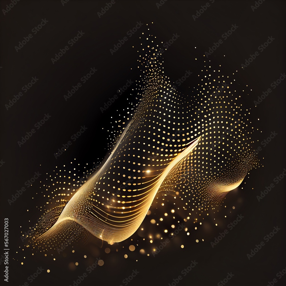 Abstract dots particles flowing wavy gold gradient isolated on ...