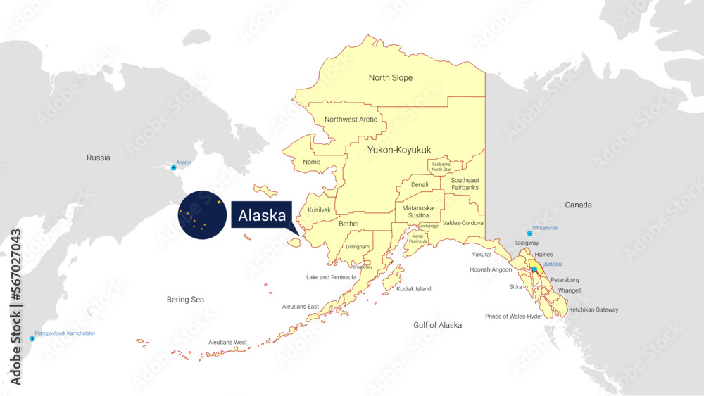 Map of state of Alaska with all counties and flag. Detailed. Vector ...