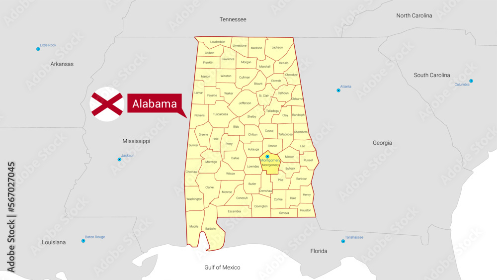 Map of state of Alabama with all counties and flag. Detailed. Vector ...