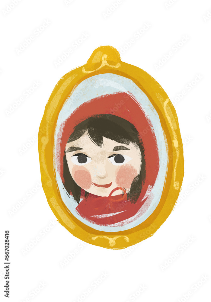 Cartoon girl face in red hood on the painting on white background ...