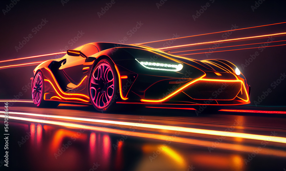Futuristic Super Car On Neon Highway. Powerful acceleration of a ...
