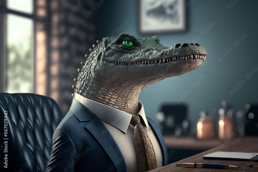 Portrait of a Crocodile in a formal business suit, in office corporate ...