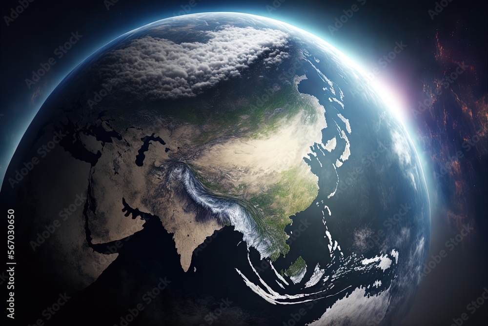 Outer space Earth. Asia and China are shown on this photorealistic map ...