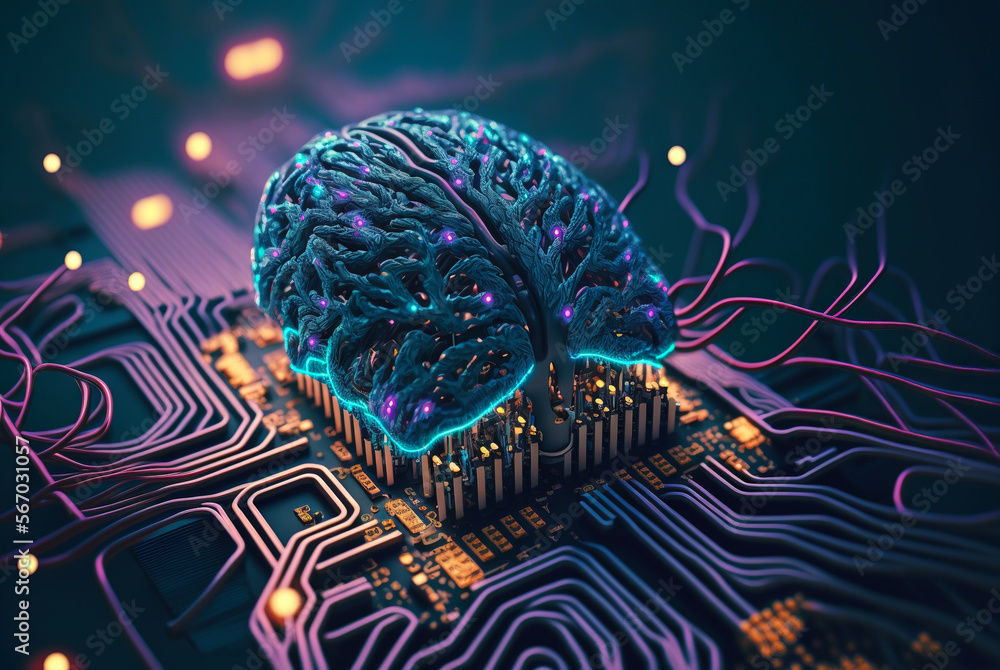 Cyber brain of Artificial Intelligence. Wires and circuit attached ...