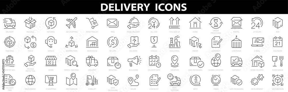 Delivery, shipping, logistics icon set. Outline icons collection ...