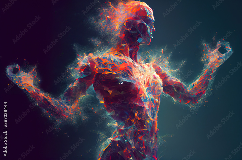 Human-like robotic surreal character consisting of particles that look ...