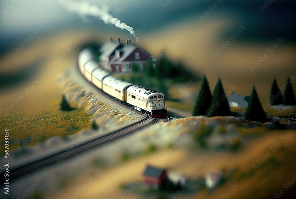 miniature style, aerial view of train on railway passing by rural ...