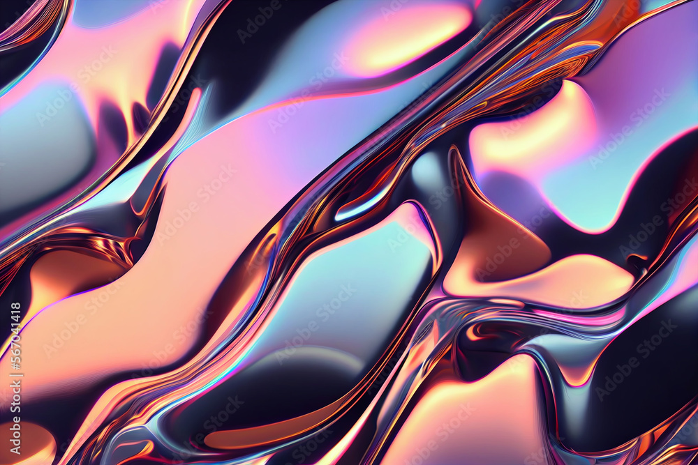 Iridescent liquid metal surface with ripples. 3d illustration. Abstract ...