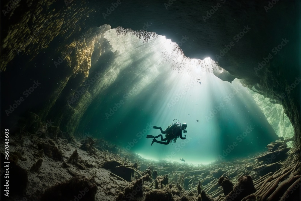 Freshwater cave diving man exploring a submerged cave system extreme ...