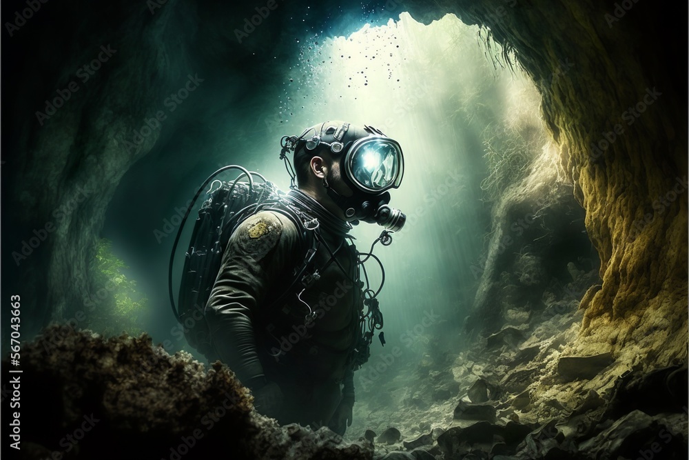 Freshwater cave diving man exploring a submerged cave system extreme ...
