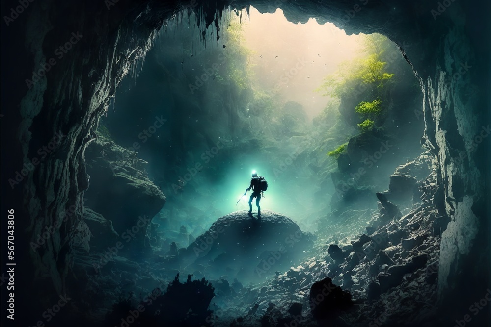 Freshwater cave diving man exploring a submerged cave system extreme ...