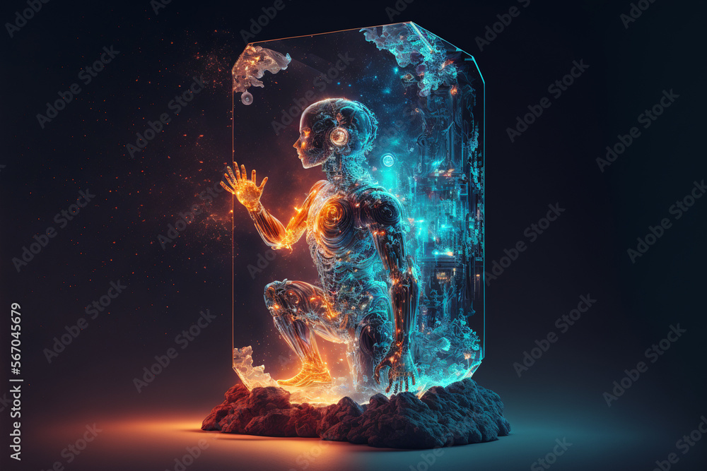 ภาพประกอบสต็อก Modern AI technology 3d Hologram Man baby Concept vector ...