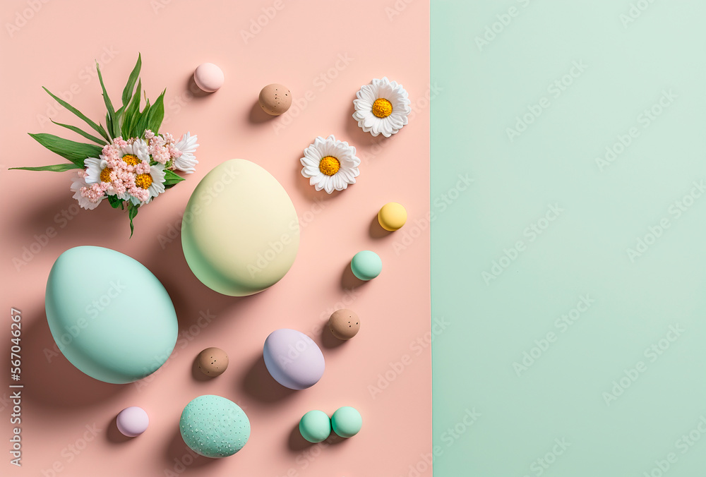 Minimalist, modern Easter background with flowers and Easter eggs in ...