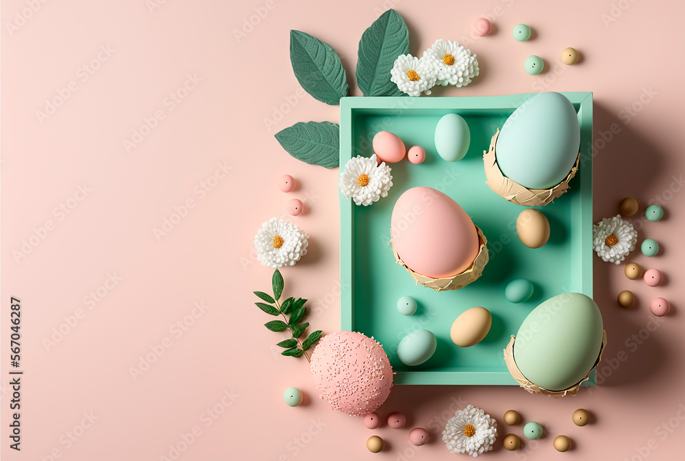 Minimalist, modern Easter background with flowers and Easter eggs in ...