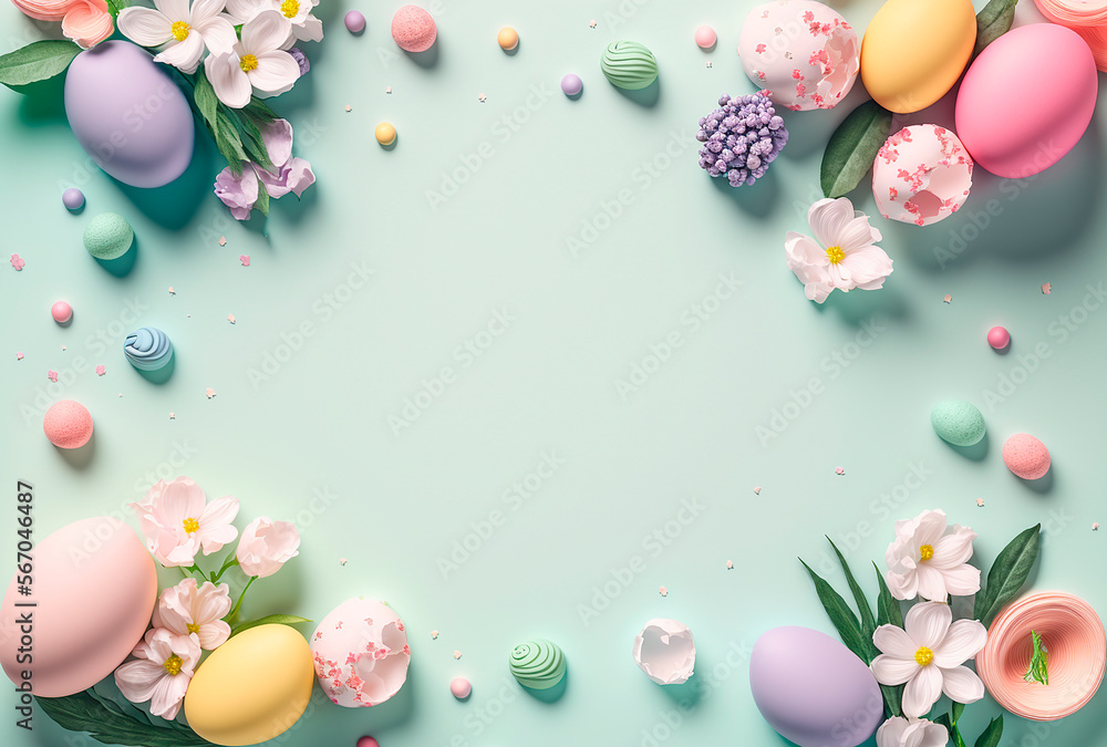 Minimalist, modern Easter background with flowers and Easter eggs in ...