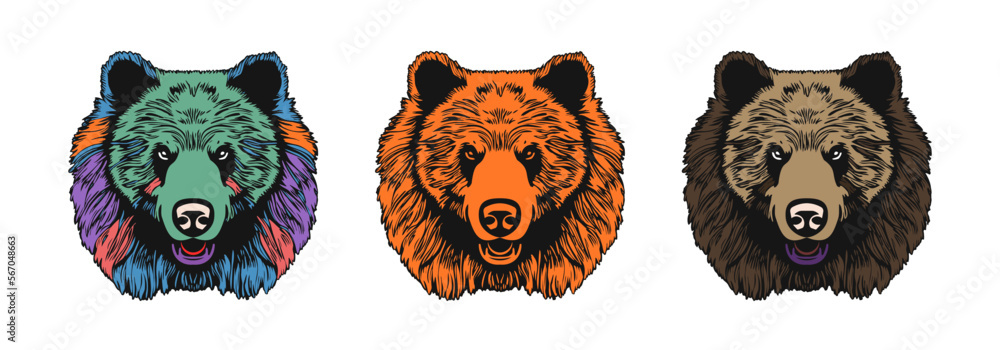 Vector set of colored powerful big bear heads with a mane and an open ...