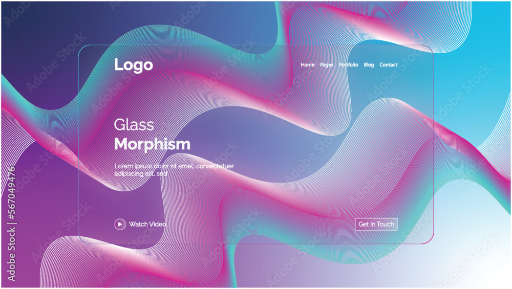 Website landing page template in glassmorphism style. Horizontal ...