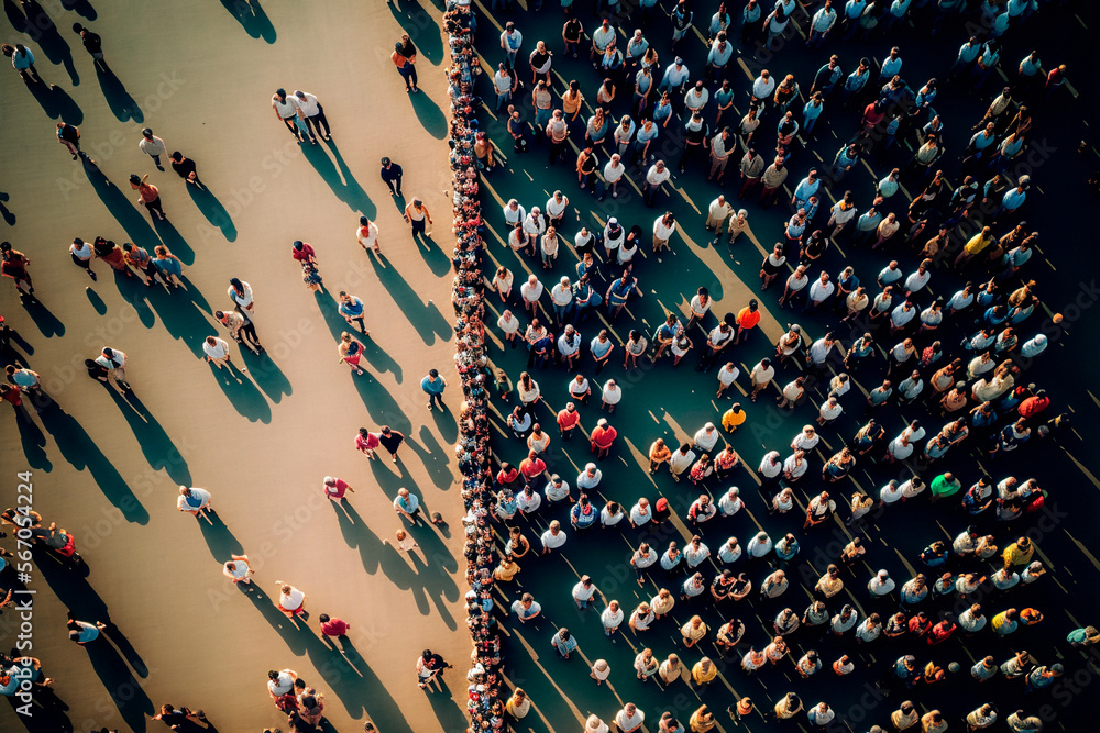 Aerial drone view of large group of people on the street, divided crowd ...
