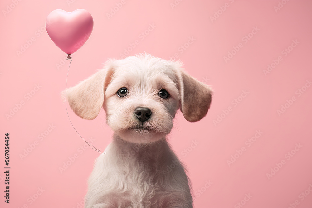 Cute dog with valentine heart shape balloon on pink background ...