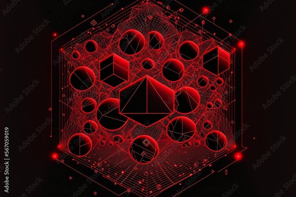 Geometry Wireframe Shapes And Grids In Neon Red Color 3d Objects
