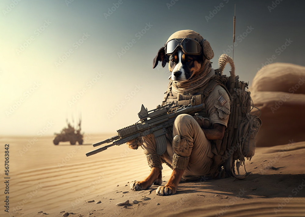 Dog soldier with a rifle in the desert ilustração do Stock | Adobe Stock