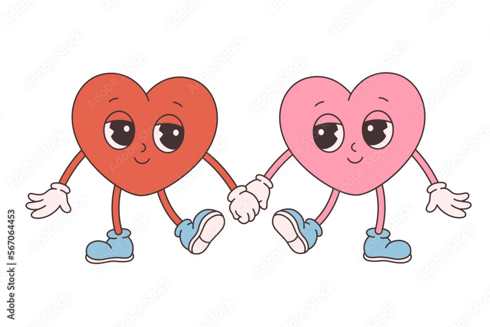Trendy retro cartoon heart characters. Groovy style, vintage, 70s 60s ...