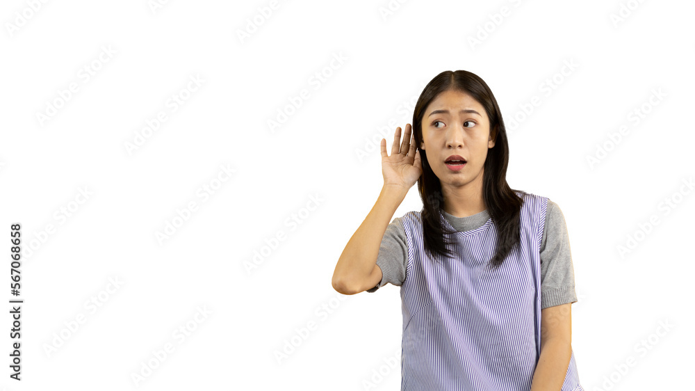 Asian woman eavesdropping or overhearing secret conversation isolated ...