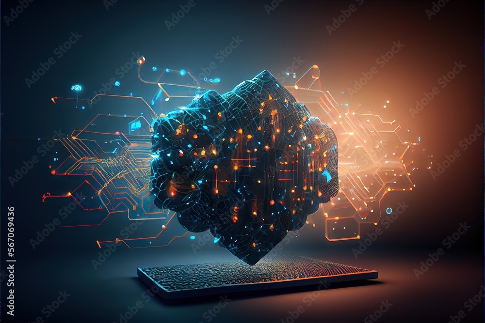 Big Data concept. Digital neural network.Business woman hand touching Introduction of artificial ...