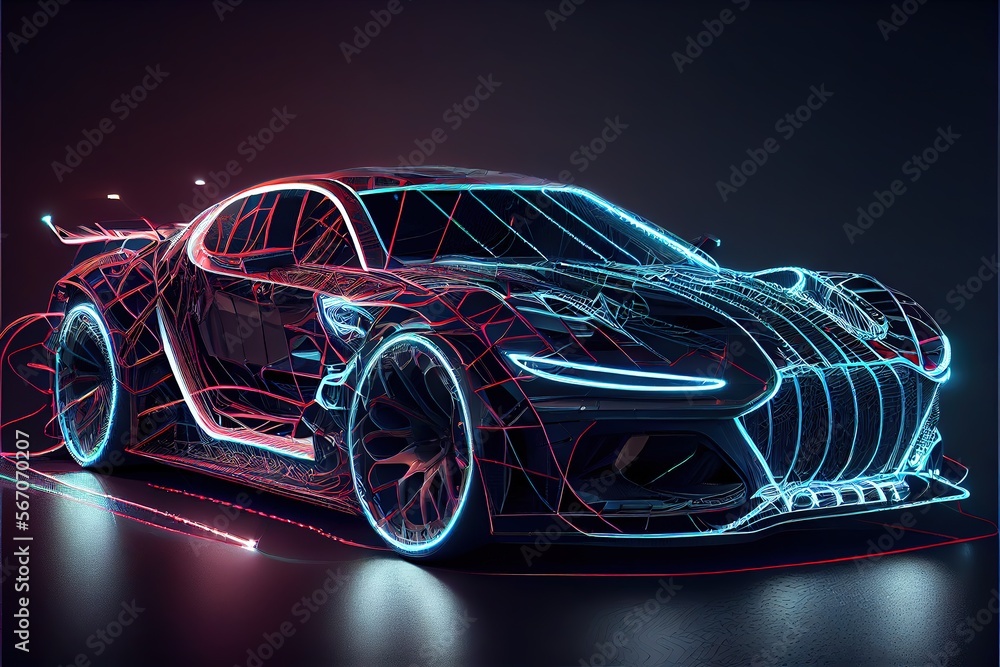 Futuristic car with wireframe intersection with digital user interface ...