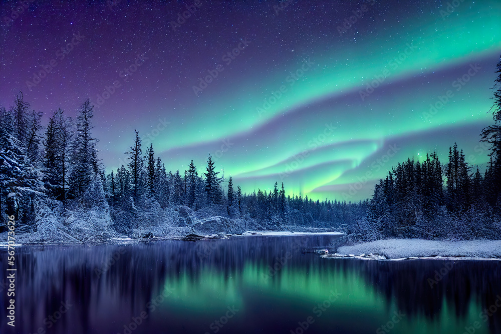 Aurora borealis landscape in nordic arctic forest, pines, wild river and snow sunset ...