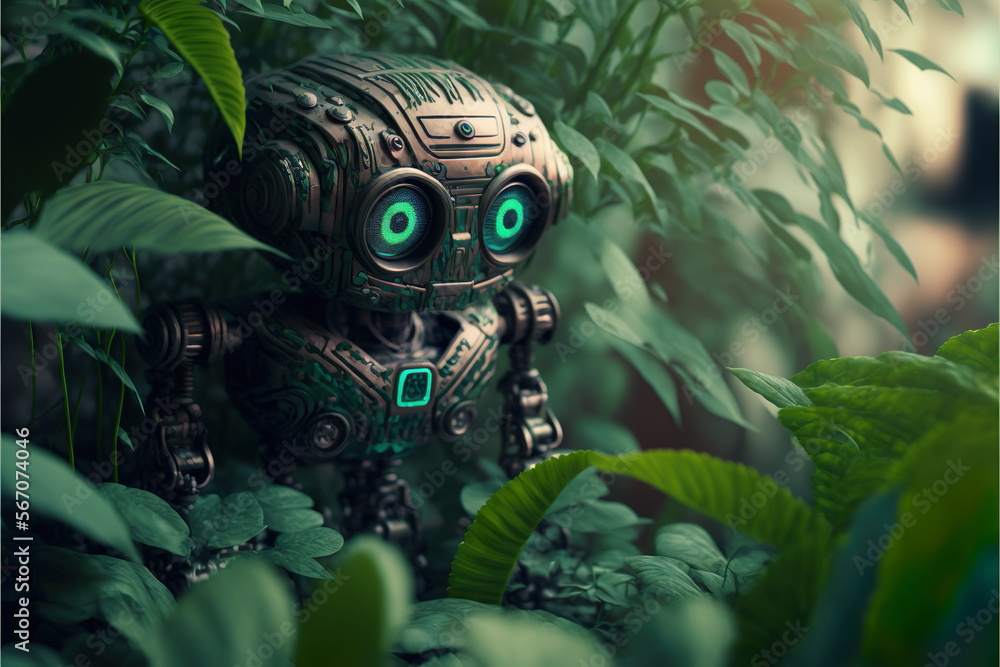 Nature and technology concept, robot and plants. Generative ai. Stock ...