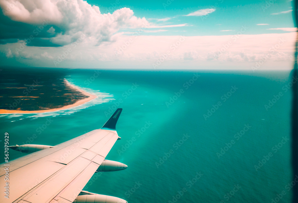 Vista aérea desde ventana de avión de una playa paradisiaca, generative ...