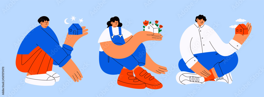 Vetor de Young people sitting and holding tiny houses, small buildings ...