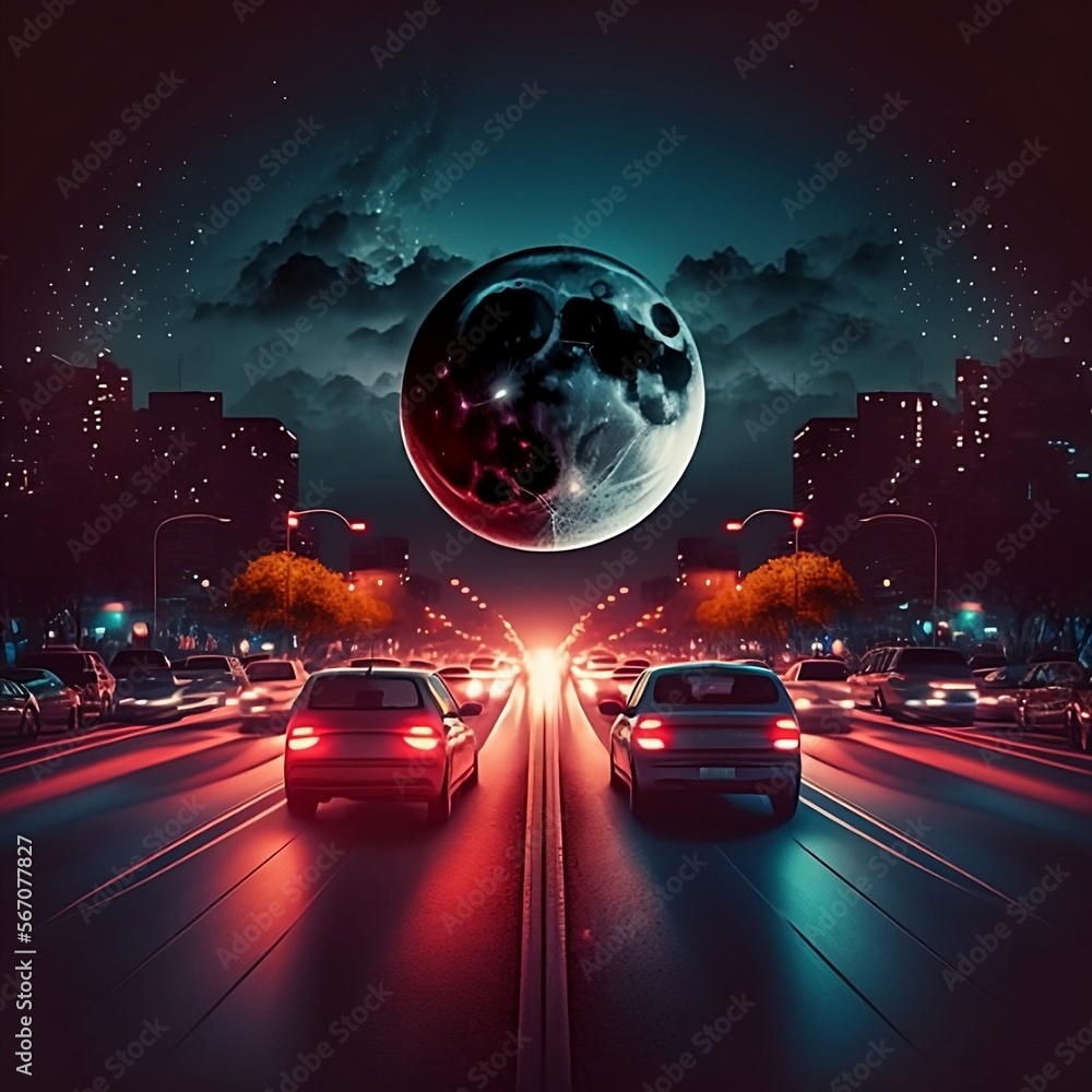 going to moon with car in a traffic highway created with AI technology ...