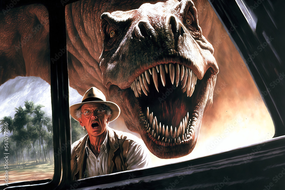 T Rex dinosaur, Tyrannosaurus rex running and chasing a screaming man ...