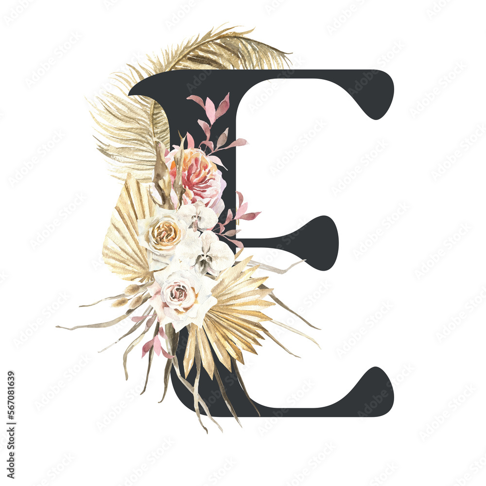 Boho alphabet Letter E, Watercolor Black letters illustration with ...