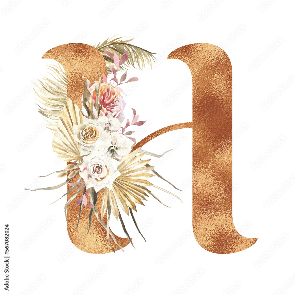 Boho alphabet Letter H, Watercolor bronze letters illustration with ...