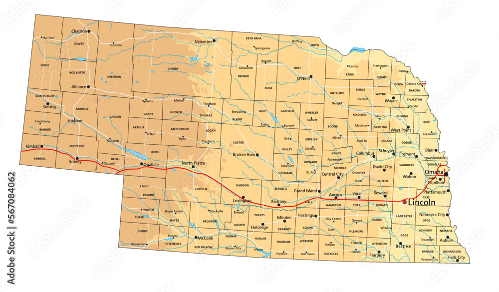 High detailed Nebraska physical map with labeling. Stock Vector | Adobe ...
